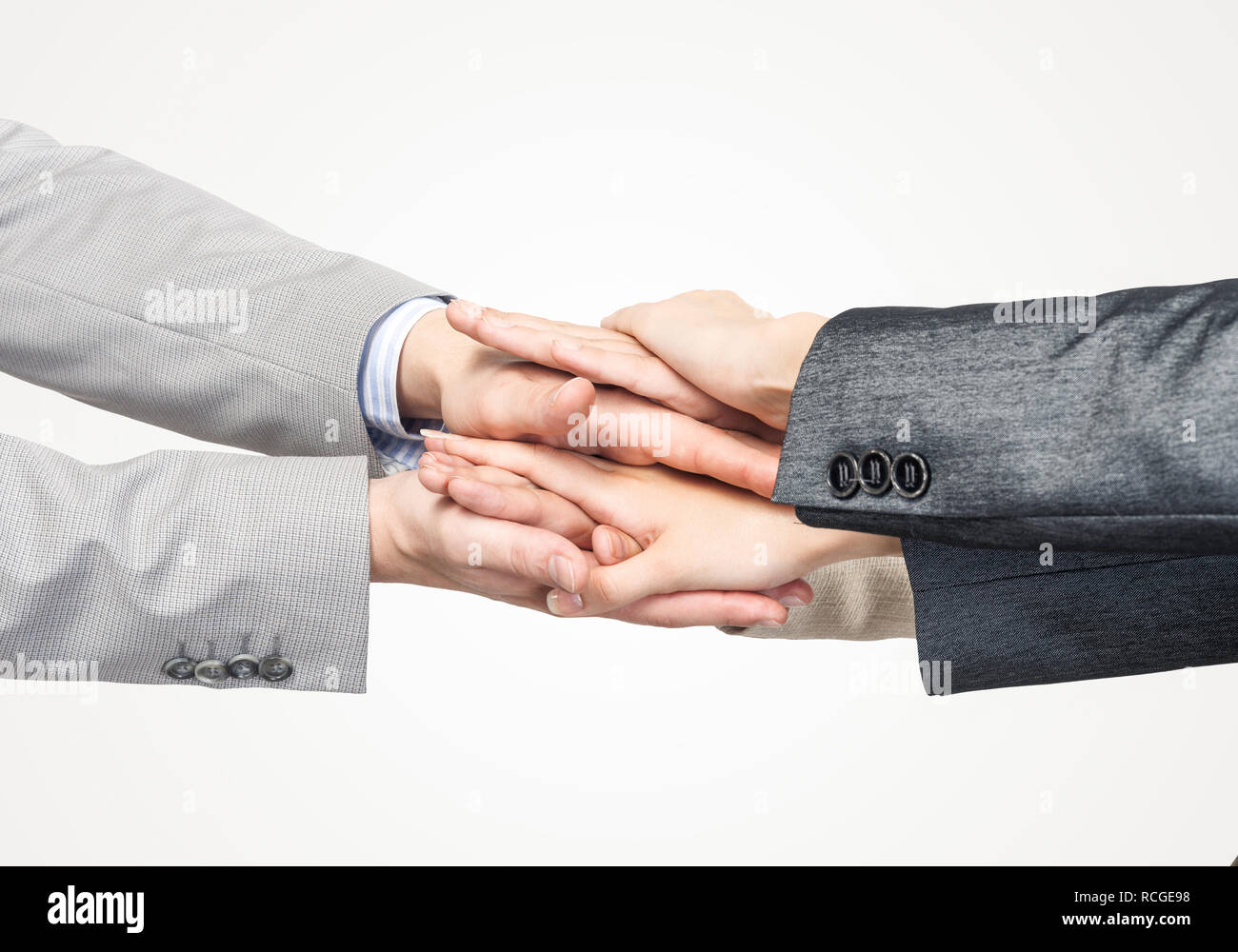 Concept of teamwork and unity with palms one on one in pile Stock Photo ...