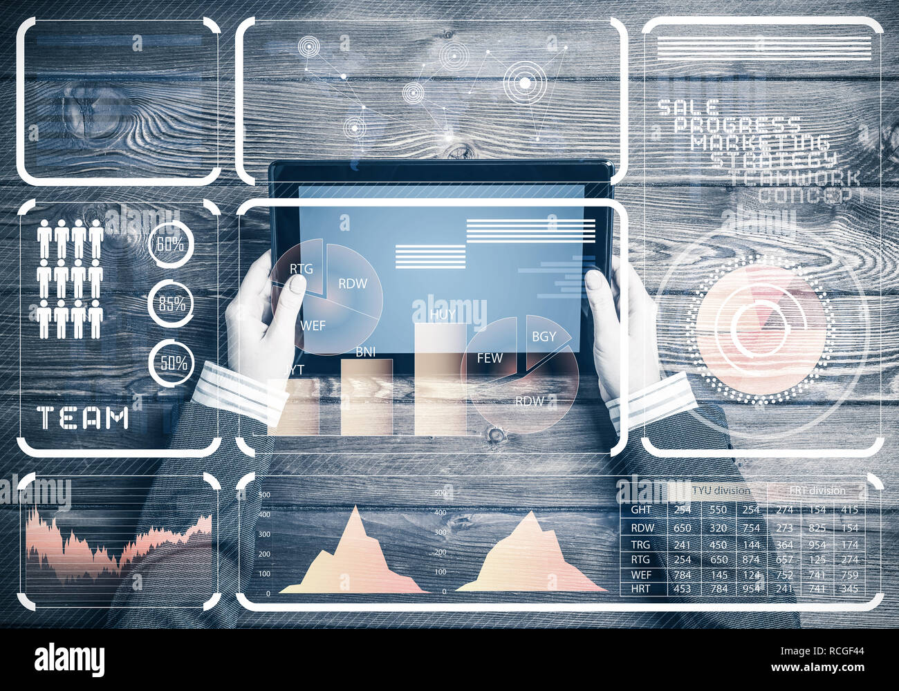 Business workplace with tablet device coffee cup and media graph Stock ...