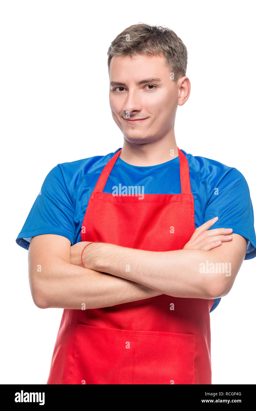 happy portrait of a man in a red apron on white background Stock Photo ...