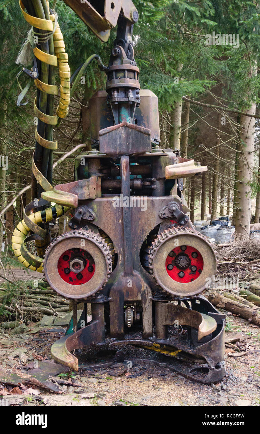 UK. A mechanical debarker, for stripping bark from felled tree trunks ...