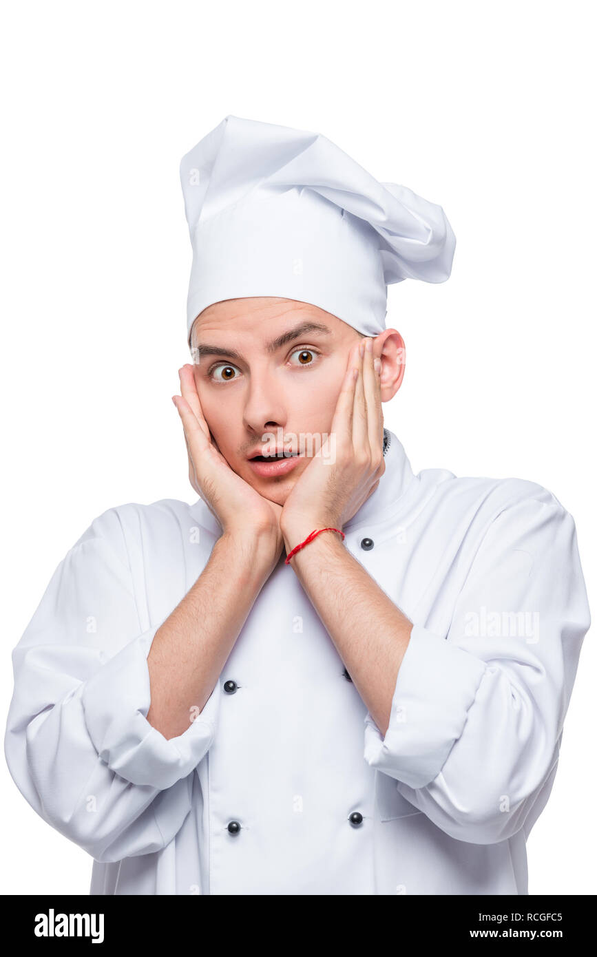 surprised and shocked chef, emotional male portrait on white background ...