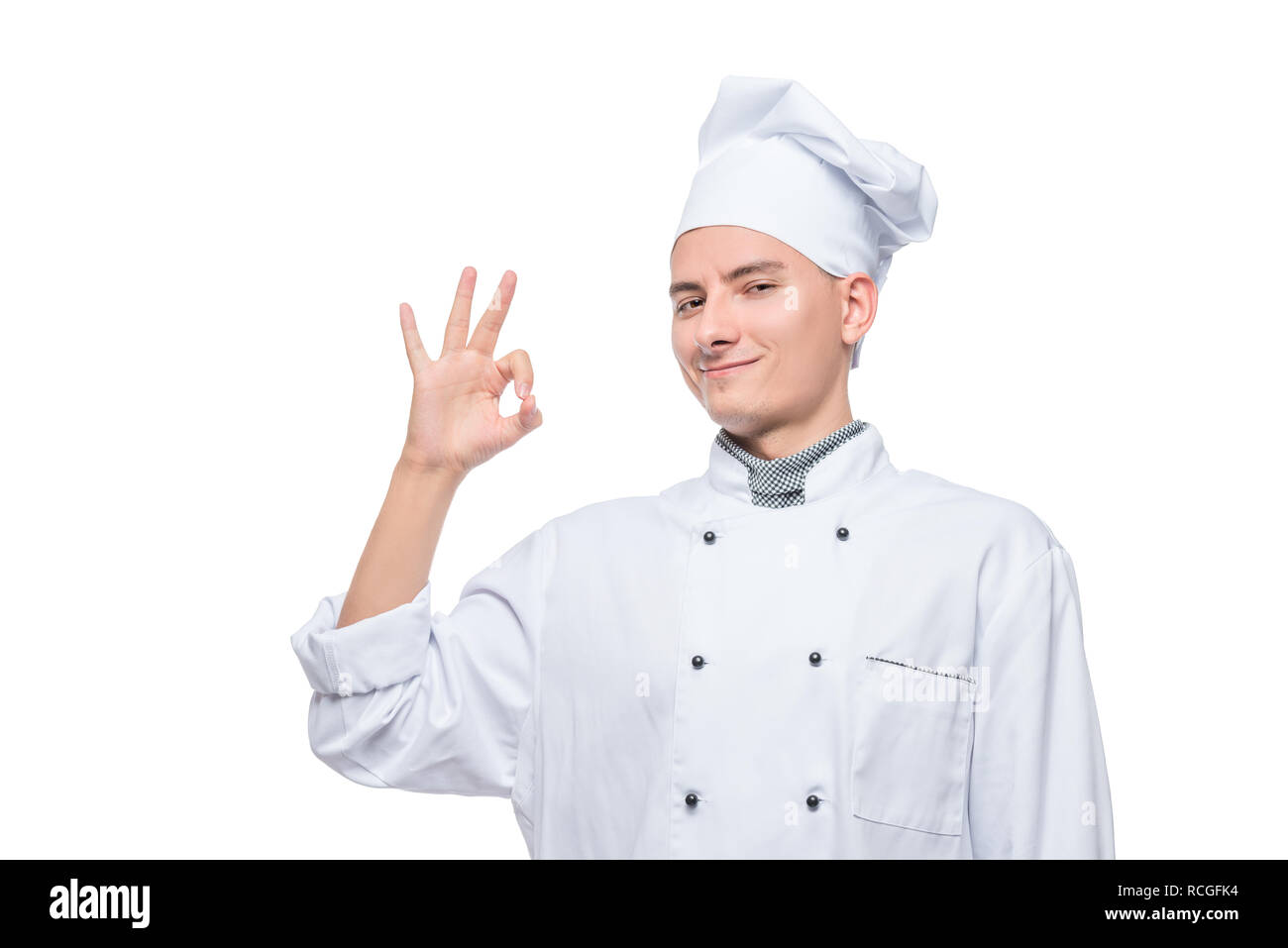 successful chef with hand gesture, portrait on white background ...