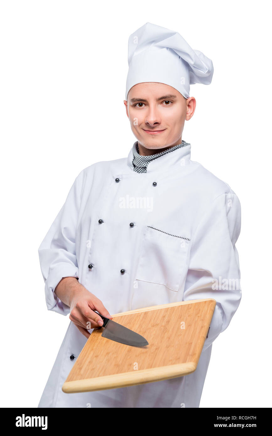 professional cook with cutting board and knife, portrait on white ...