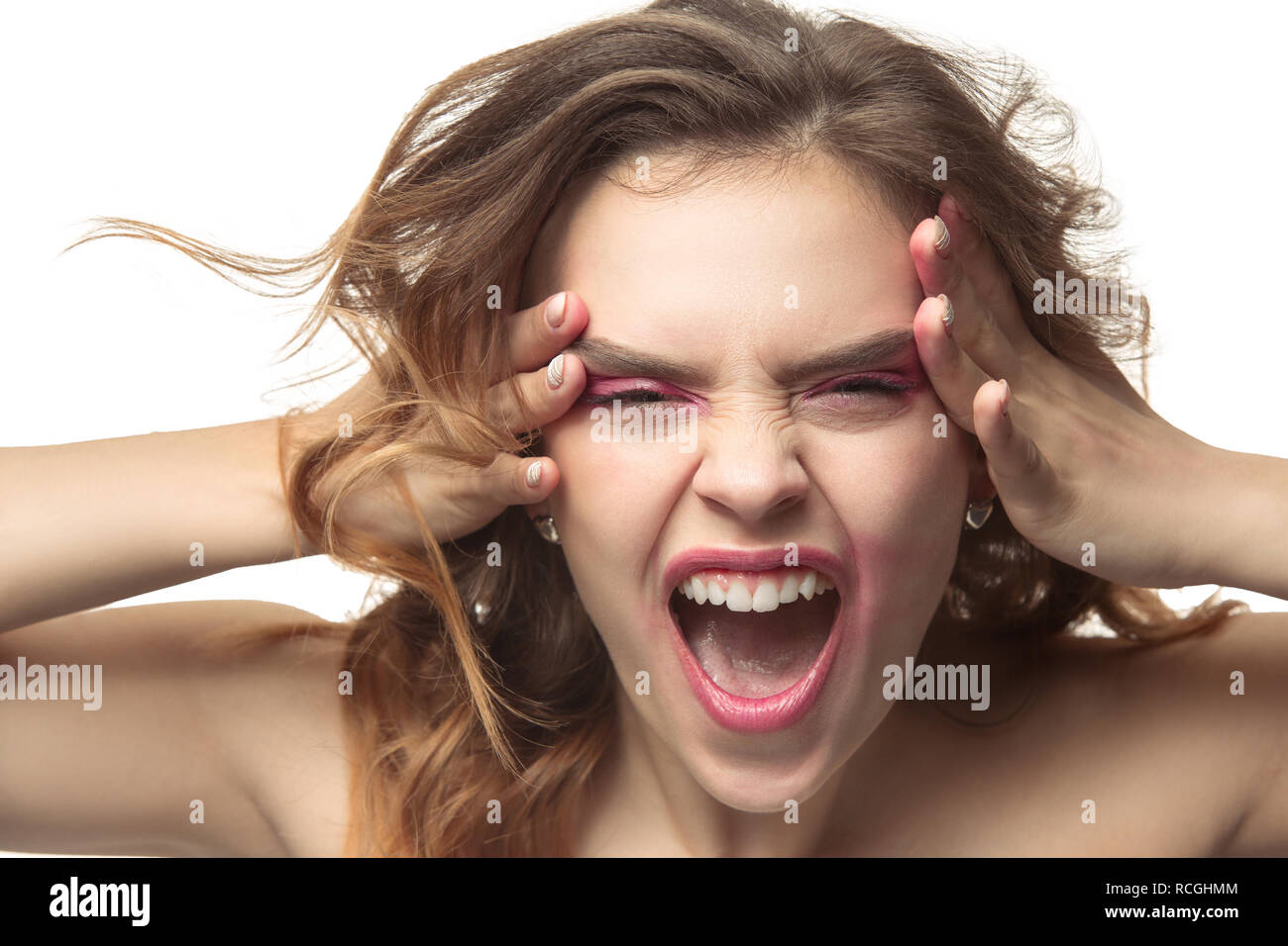 Screaming, hate, rage. Crying emotional angry woman screaming on white ...