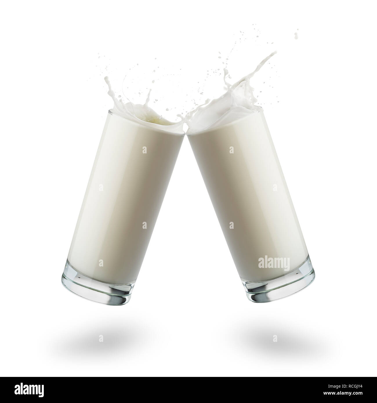 glasses full of milk jumping and splashing on white background Stock ...