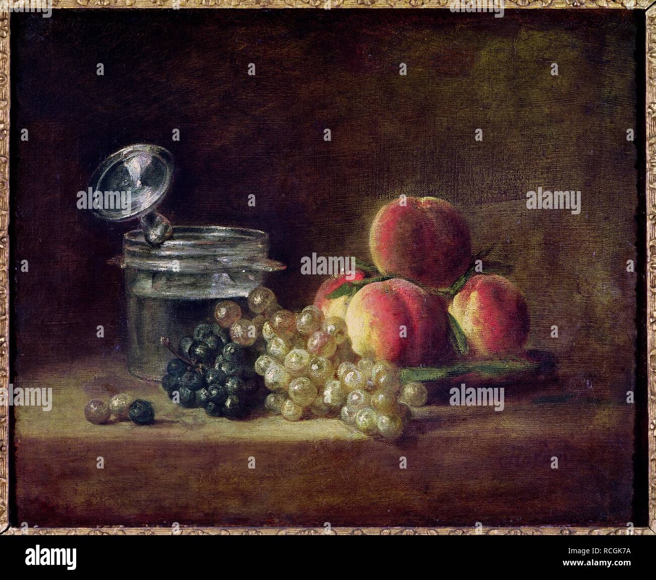 Still Life with a Basket of Peaches, White and Black Grapes, Cooler and ...