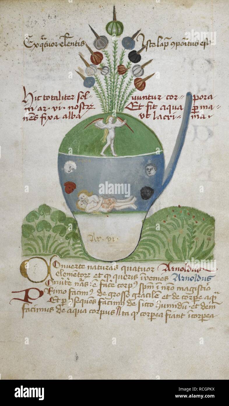 Alchemical vessel, with figures - Opusculum Alchemicum (15th C), f.7 ...