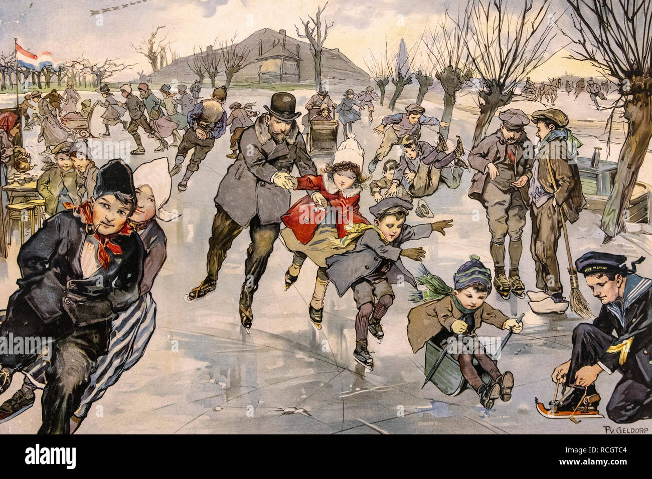 The Netherlands, Hindeloopen, Ice skating museum. Old painting showing ...