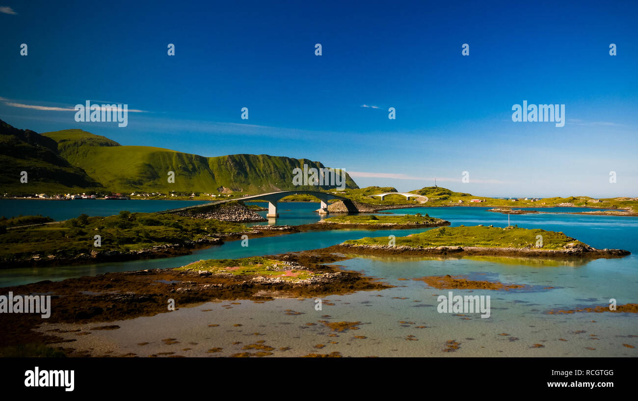 Landscape panoramic view to Fredvang bridge, Torvoya and buoya islands ...