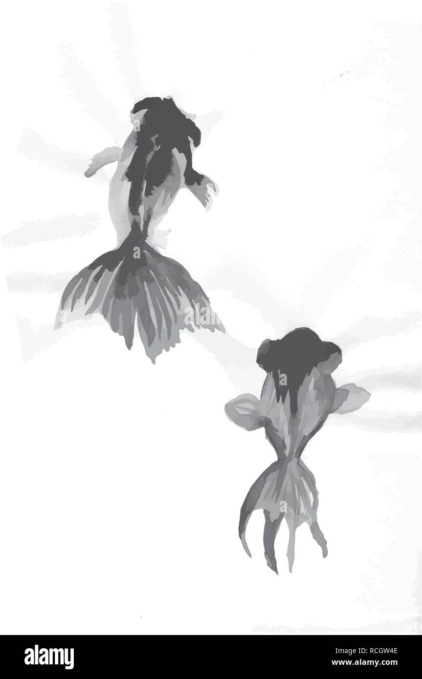 Illustration with fish in the Japanese style, made in the ink Stock ...