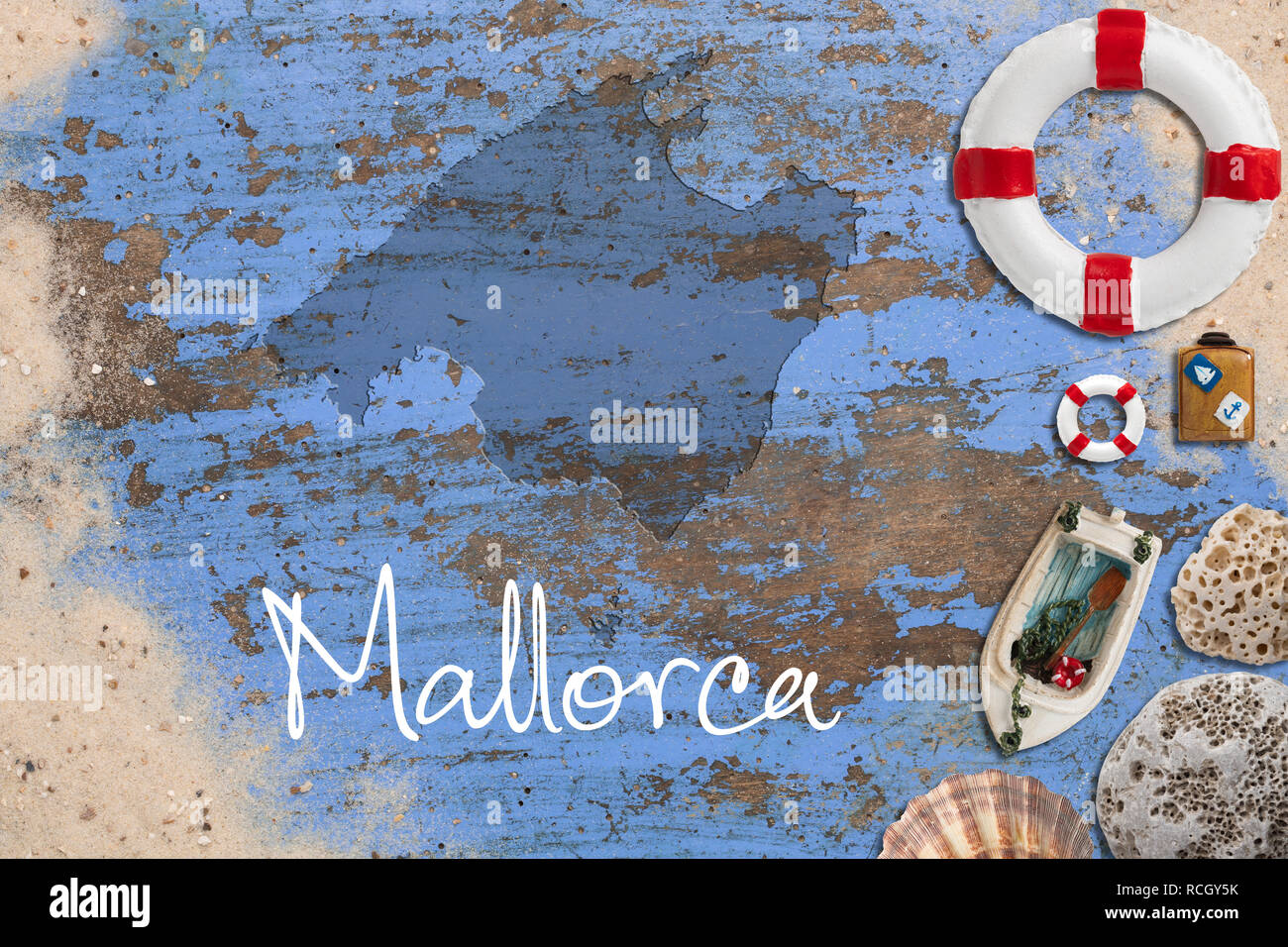 Maritime decoration and the shape of the island "Mallorca" on blue ...