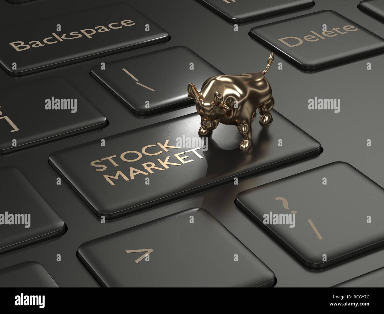 3d render of computer keyboard with stock market button and bull Stock ...