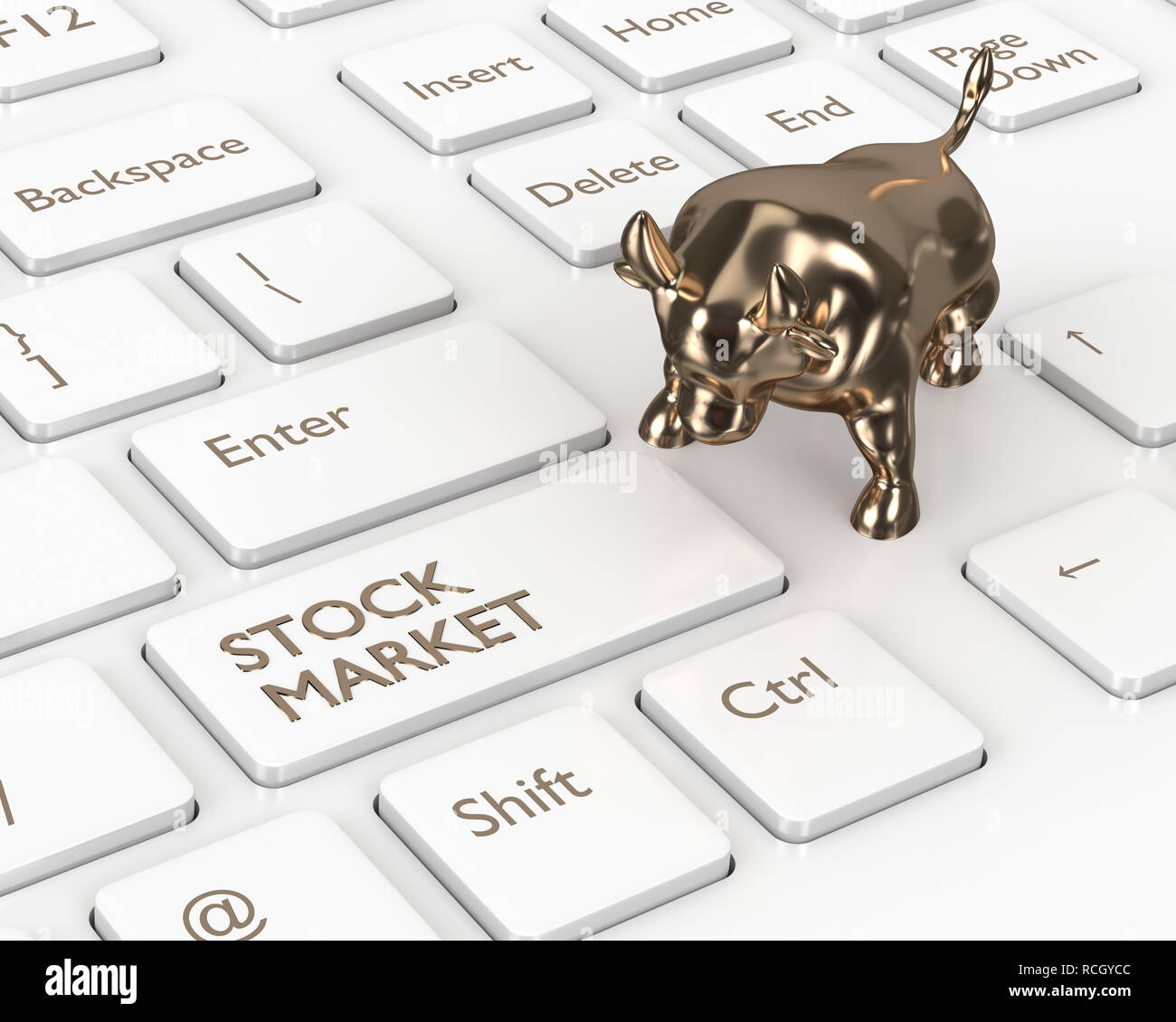 3d render of computer keyboard with stock market button and bull Stock ...