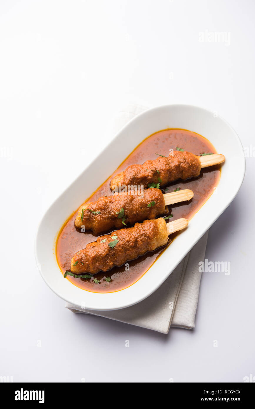 Soya Chaap Curry served in a bowl. Healthy recipe popular in India and ...