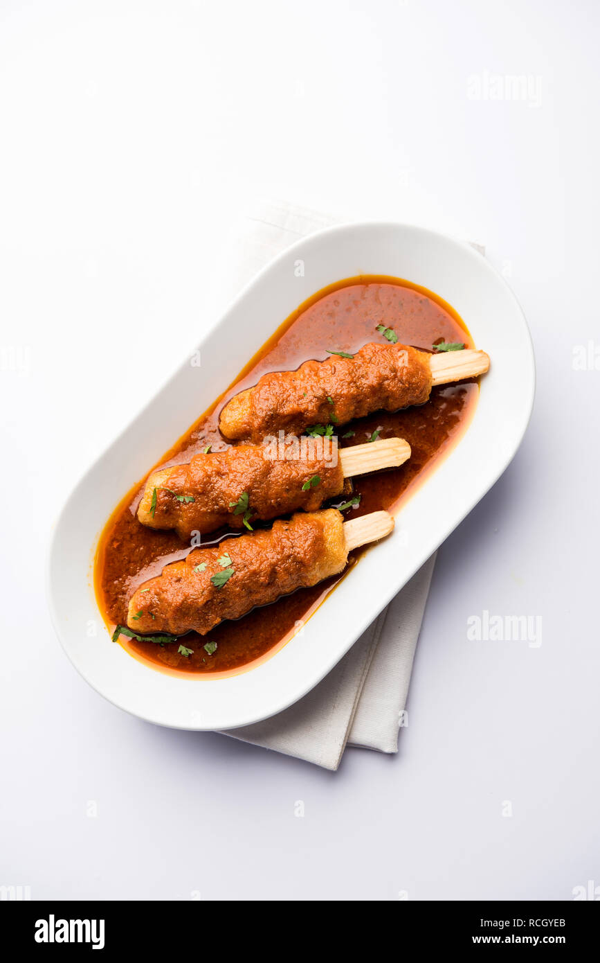 Soya Chaap Curry served in a bowl. Healthy recipe popular in India and ...