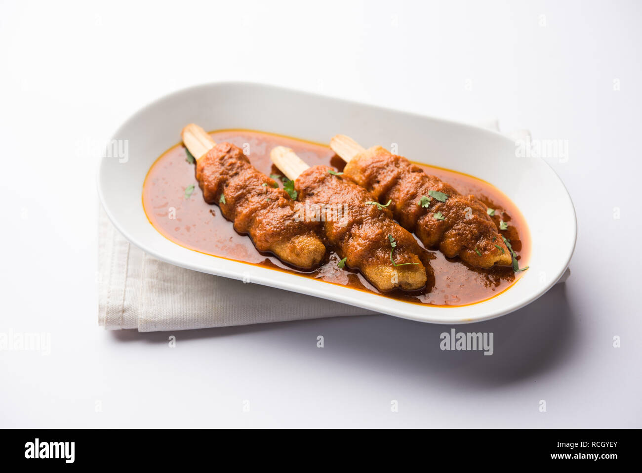 Soya Chaap Curry served in a bowl. Healthy recipe popular in India and ...
