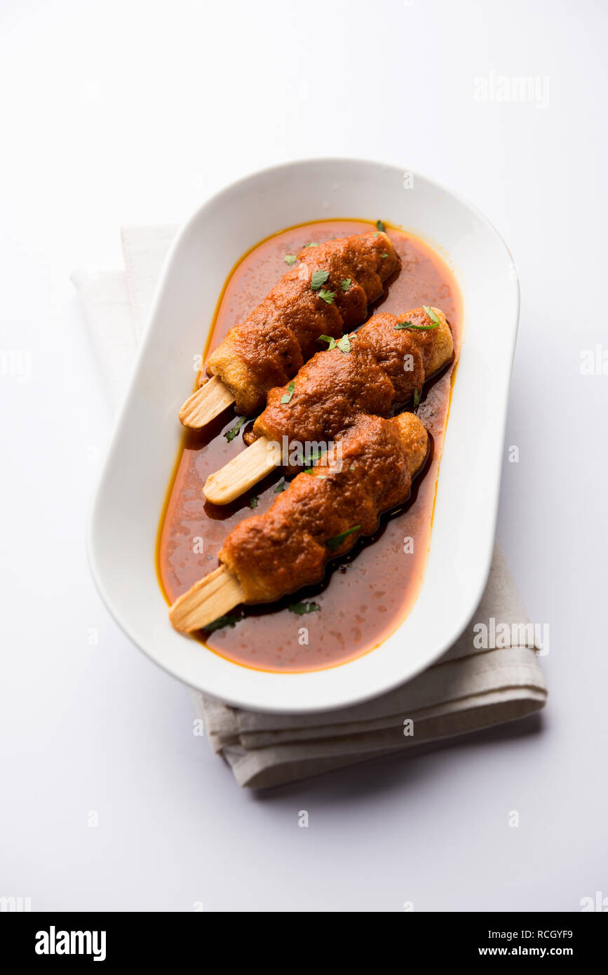 Soya Chaap Curry served in a bowl. Healthy recipe popular in India and ...