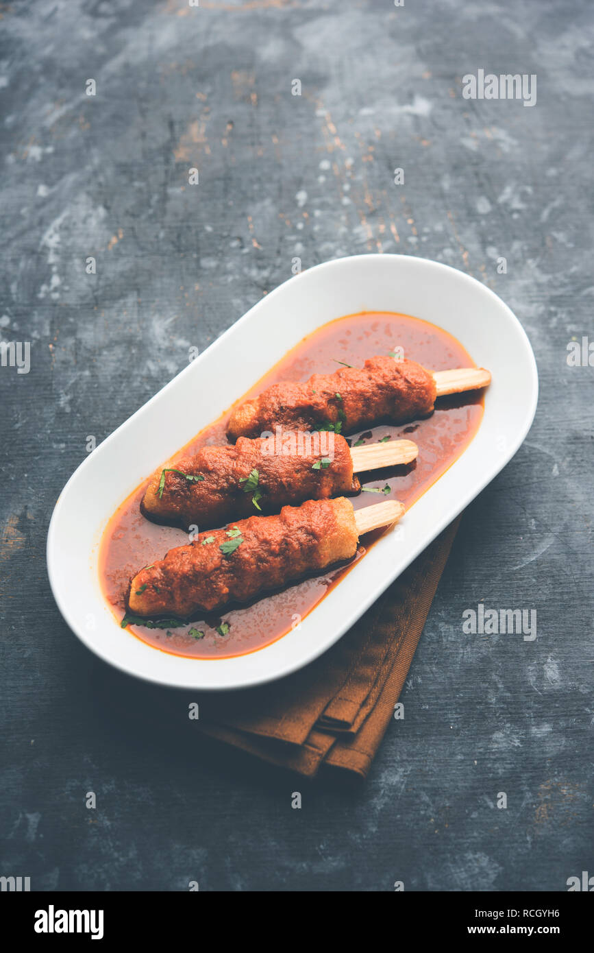 Soya Chaap Curry served in a bowl. Healthy recipe popular in India and ...