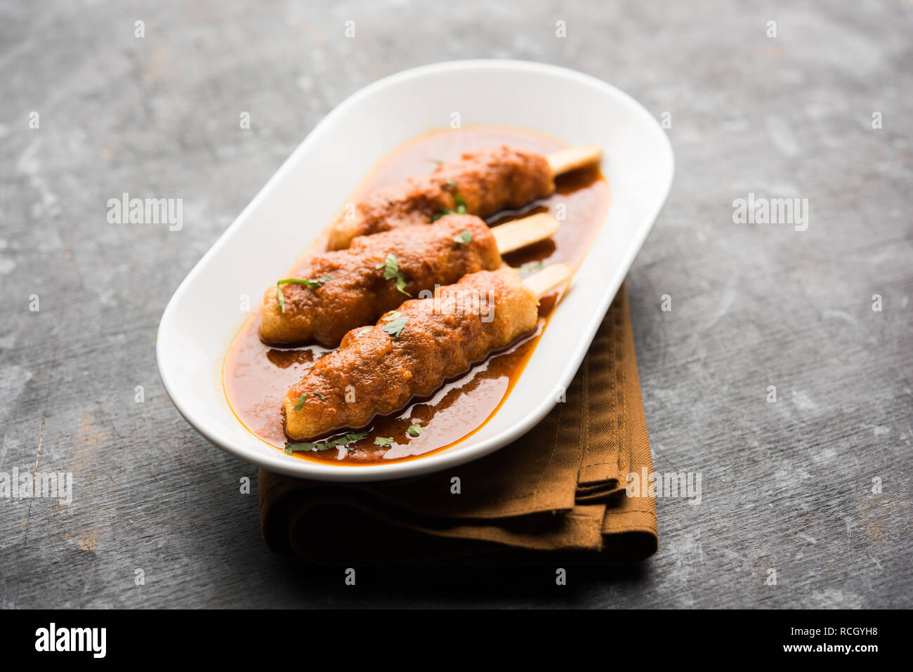 Soya Chaap Curry served in a bowl. Healthy recipe popular in India and ...