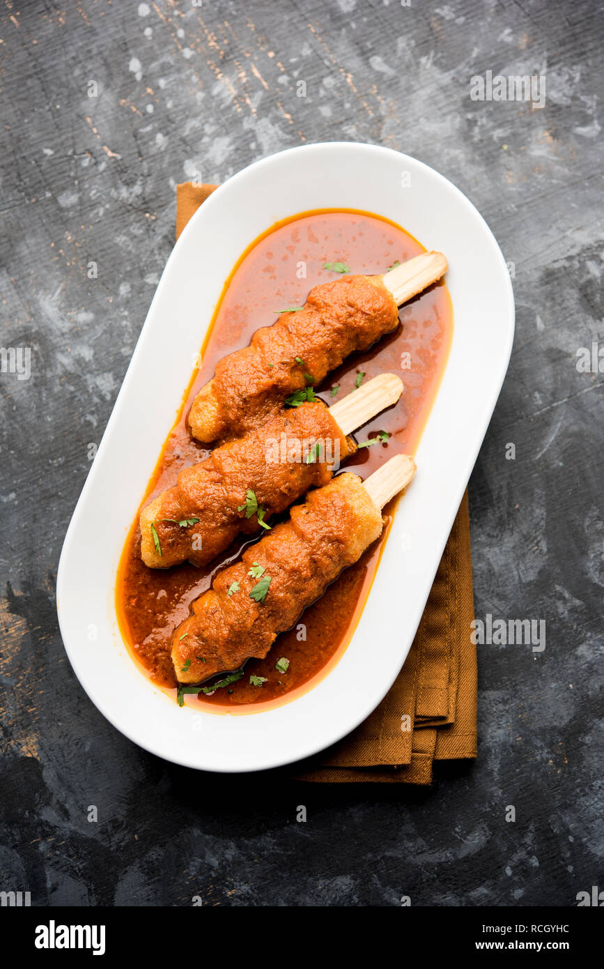 Soya Chaap Curry served in a bowl. Healthy recipe popular in India and ...