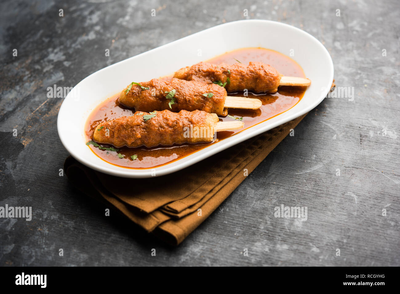 Soya Chaap Curry served in a bowl. Healthy recipe popular in India and ...