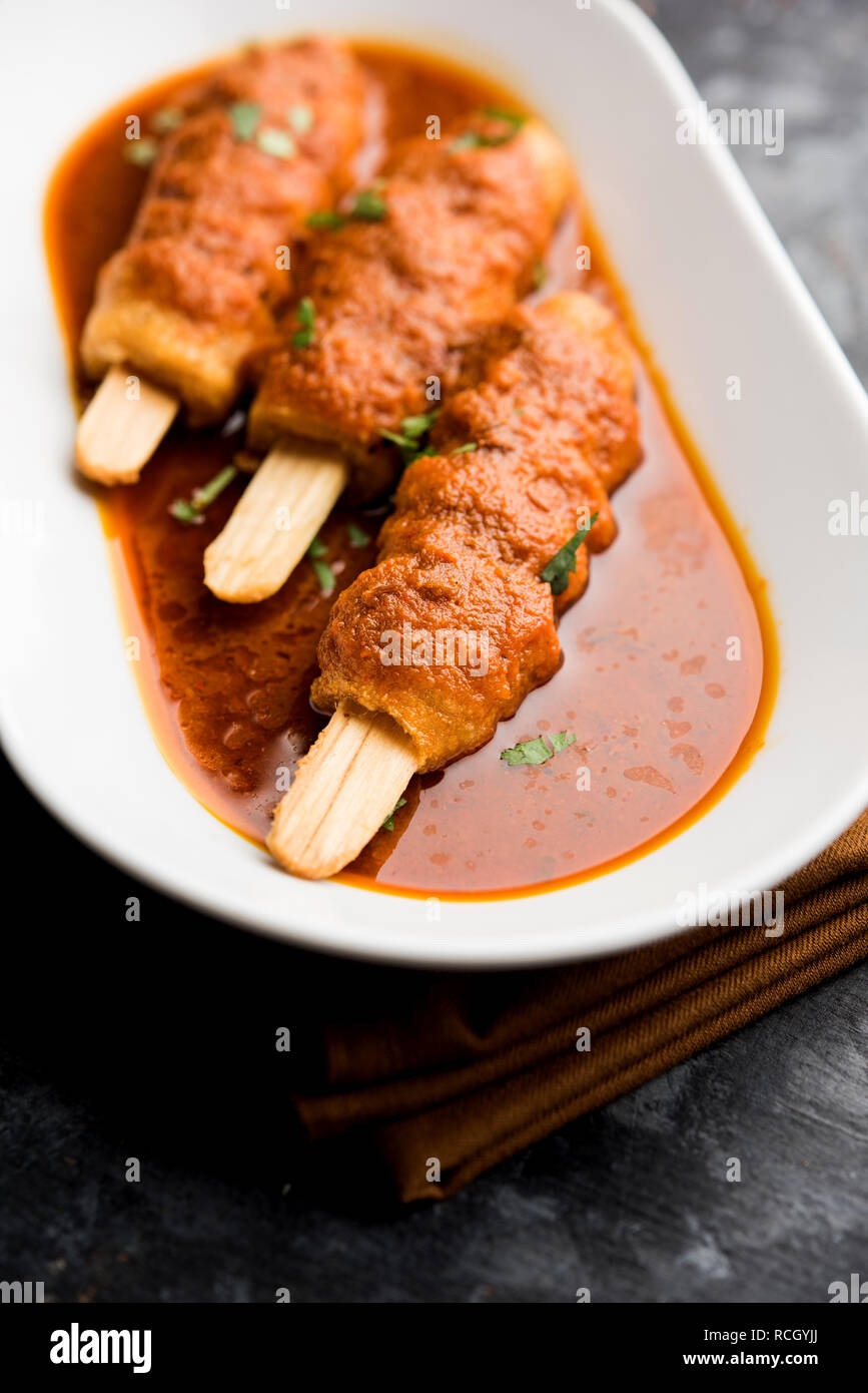 Soya Chaap Curry served in a bowl. Healthy recipe popular in India and ...