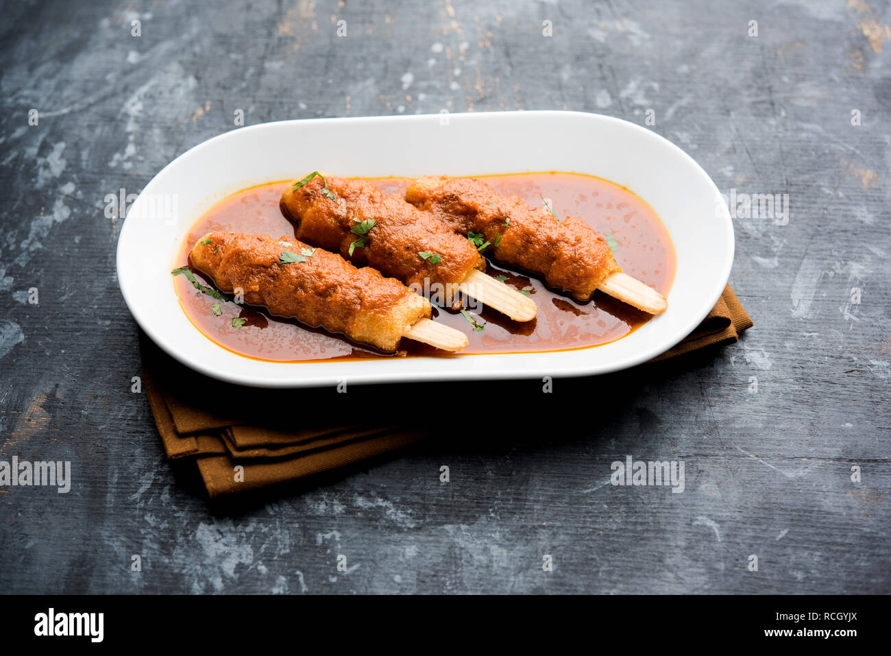 Soya Chaap Curry served in a bowl. Healthy recipe popular in India and ...