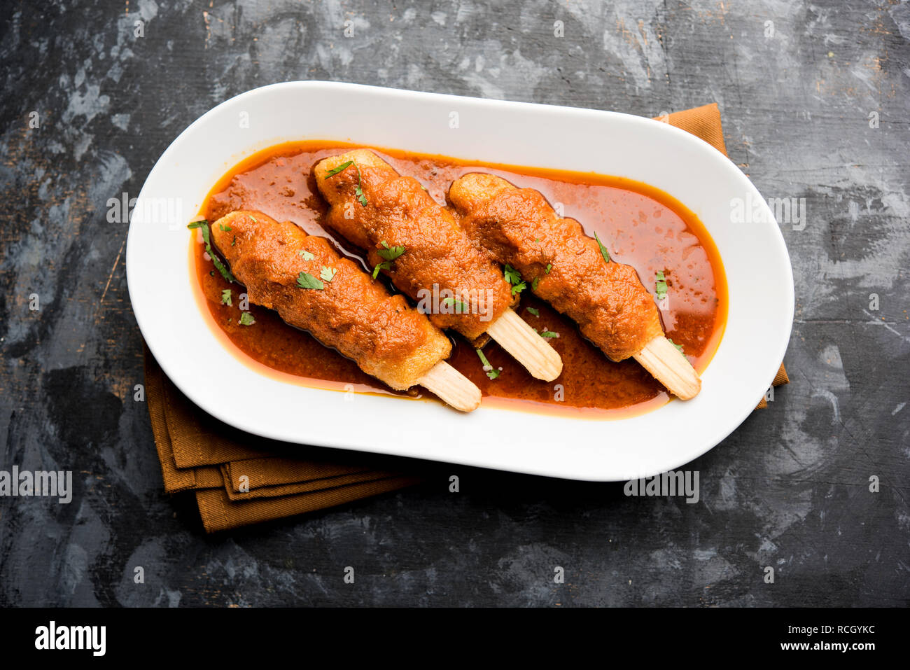 Soya Chaap Curry served in a bowl. Healthy recipe popular in India and ...