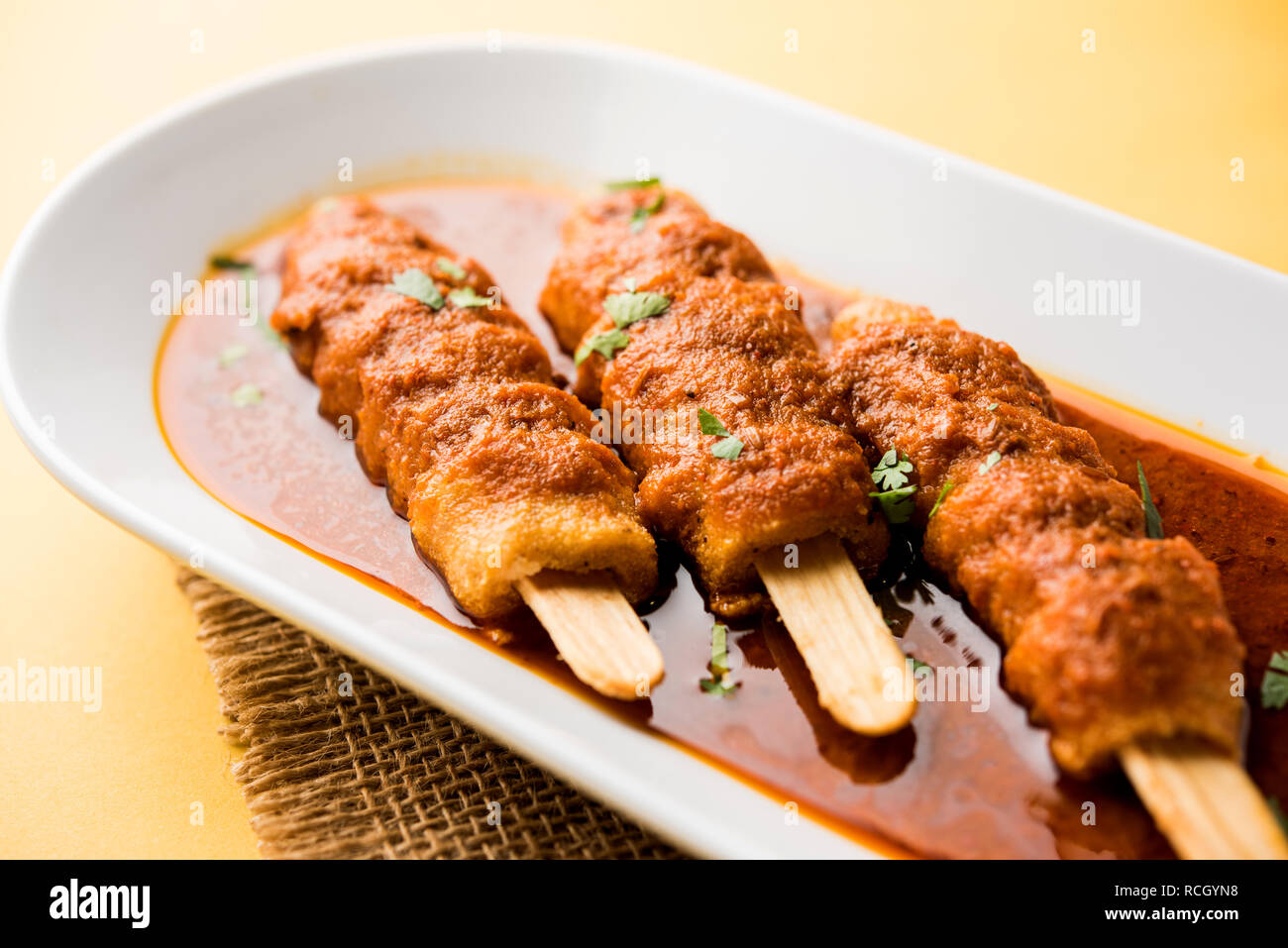 Soya Chaap Curry served in a bowl. Healthy recipe popular in India and ...