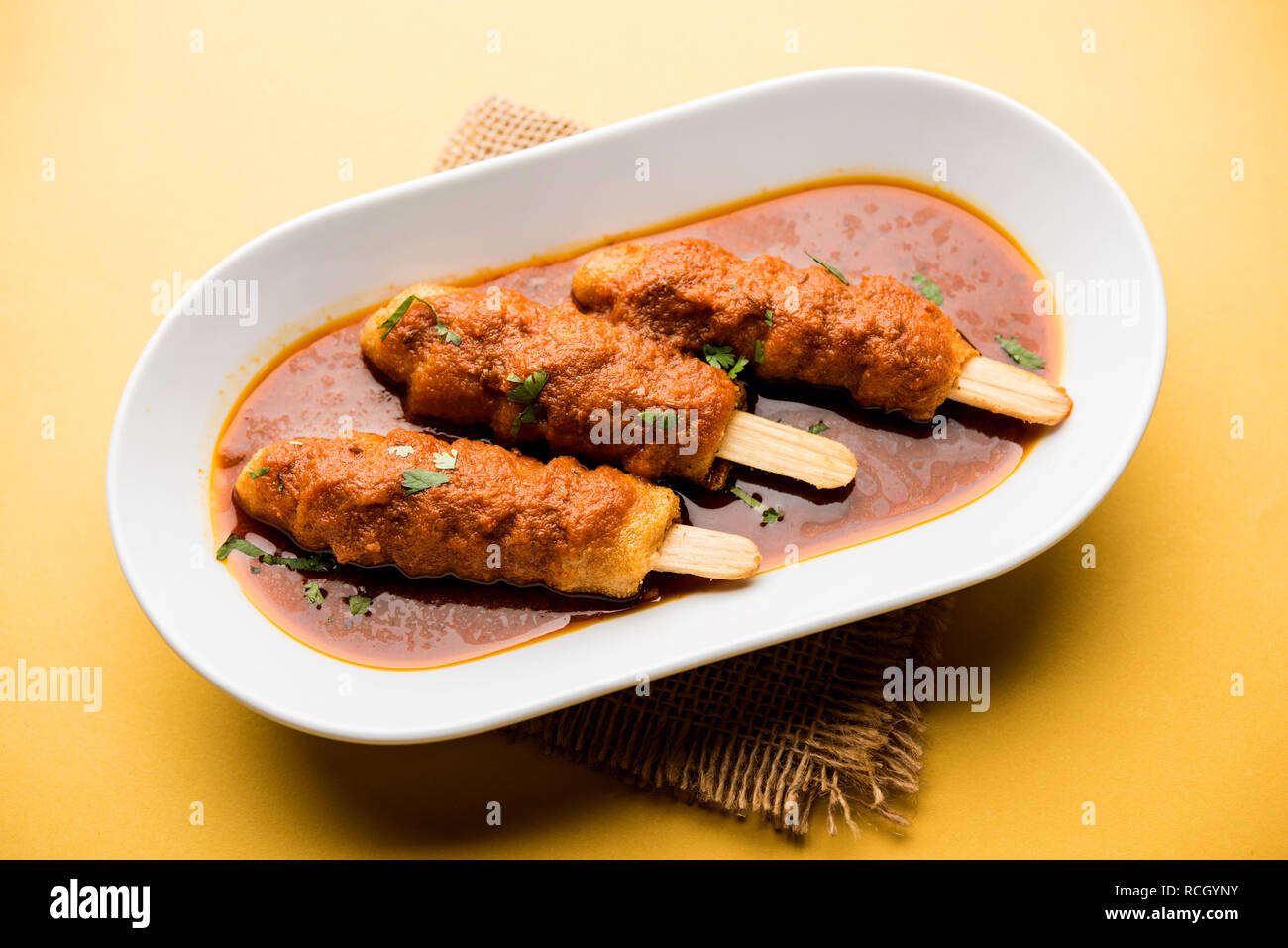 Soya Chaap Curry served in a bowl. Healthy recipe popular in India and ...