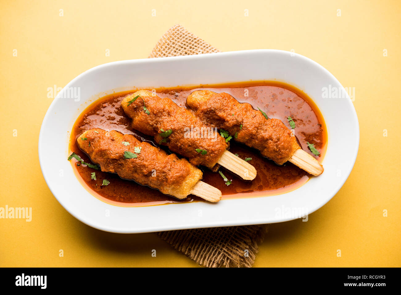 Soya Chaap Curry served in a bowl. Healthy recipe popular in India and ...