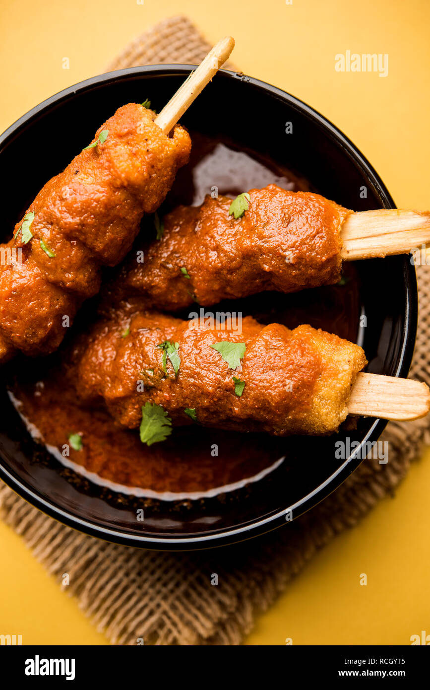 Soya Chaap Curry served in a bowl. Healthy recipe popular in India and ...