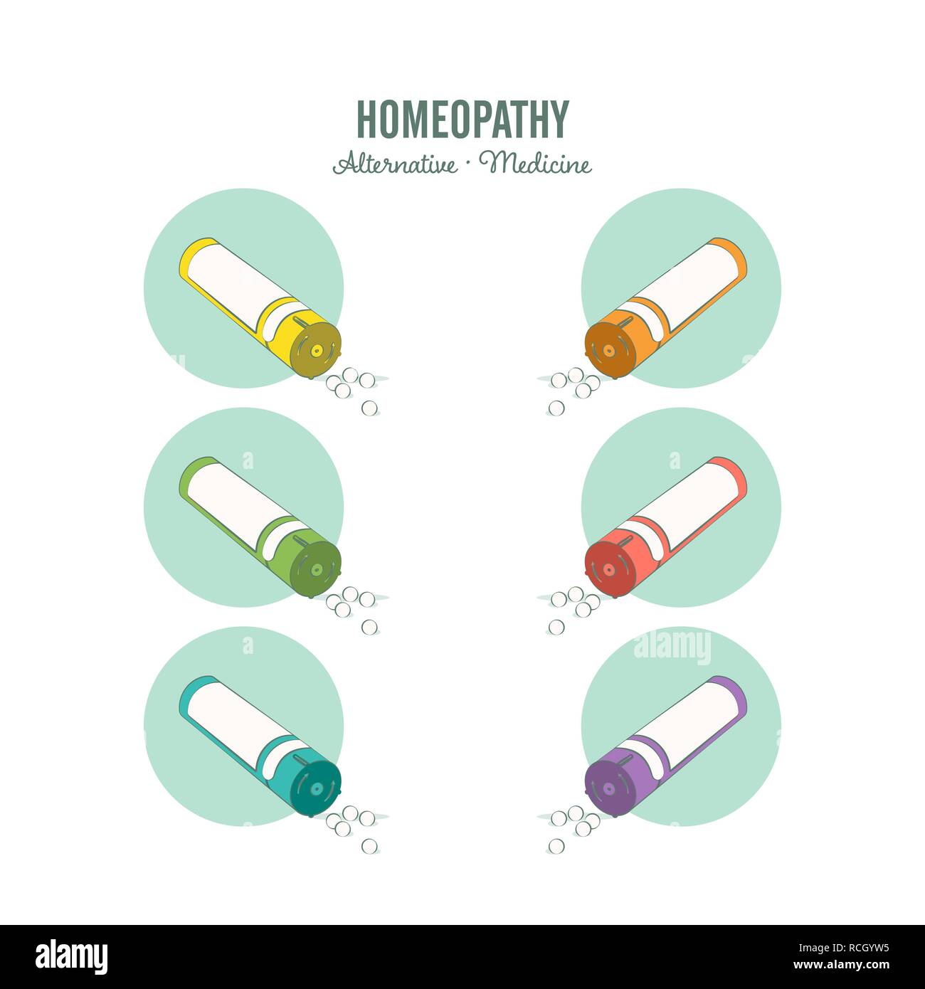 Homeopathic medicine line set on a white background. Homeopathic pills ...