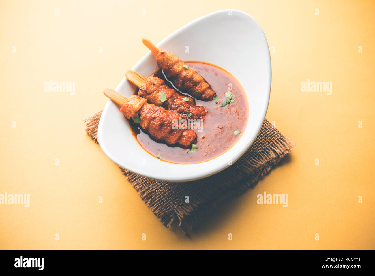 Soya Chaap Curry served in a bowl. Healthy recipe popular in India and ...