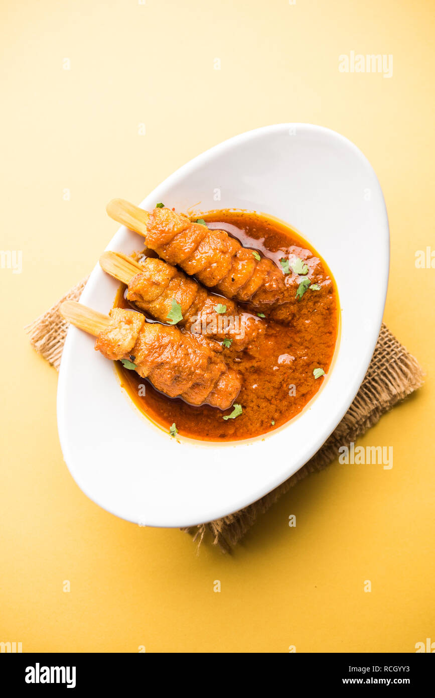 Soya Chaap Curry served in a bowl. Healthy recipe popular in India and ...