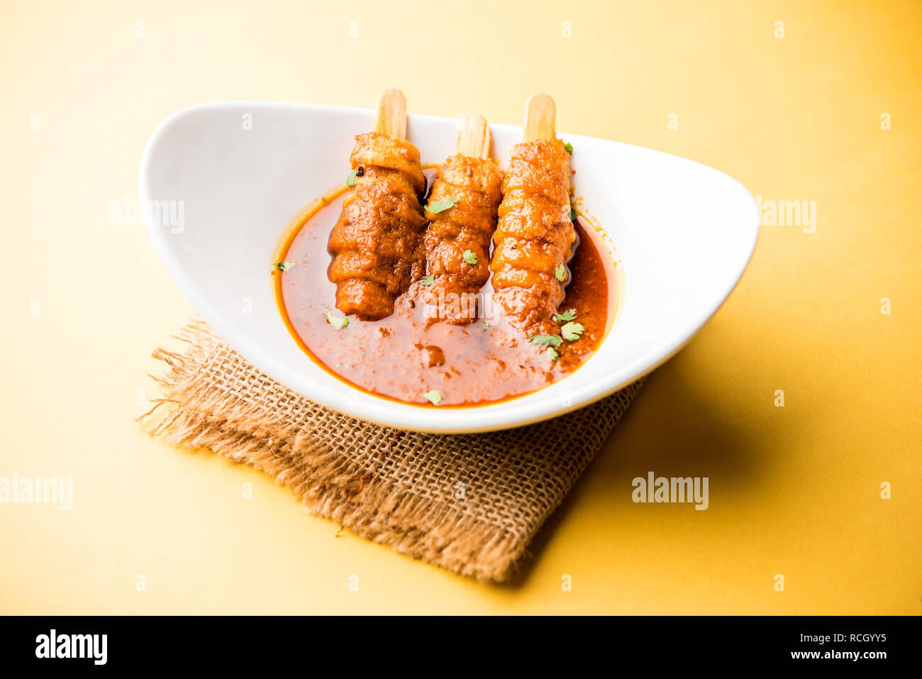 Soya Chaap Curry served in a bowl. Healthy recipe popular in India and ...