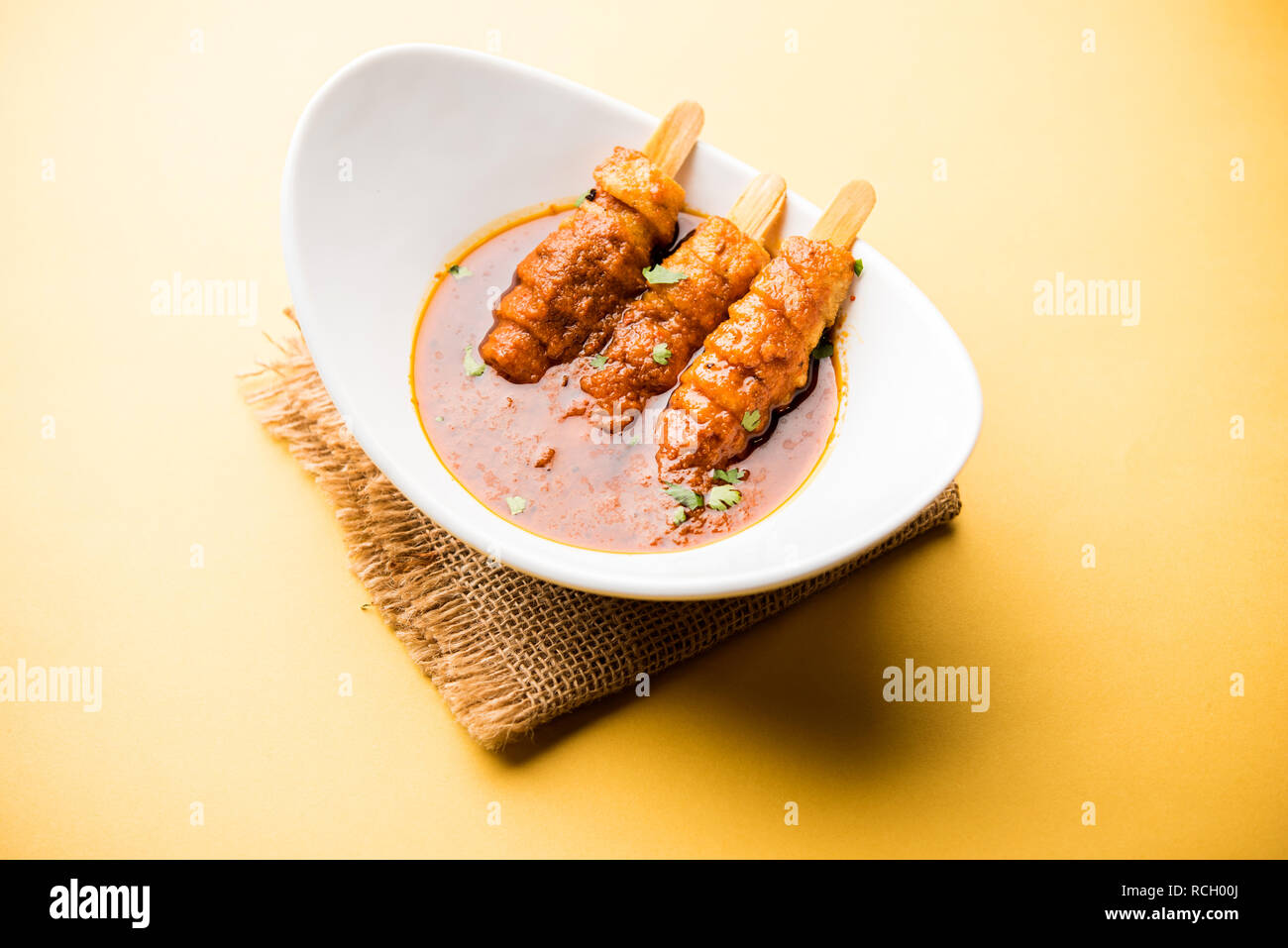 Soya Chaap Curry served in a bowl. Healthy recipe popular in India and ...