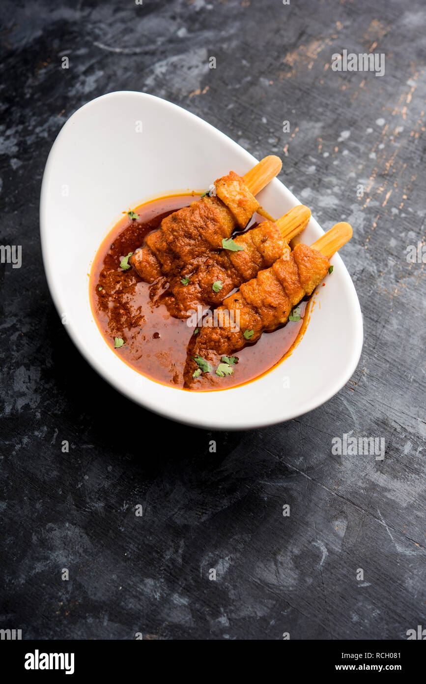 Soya Chaap Curry served in a bowl. Healthy recipe popular in India and ...