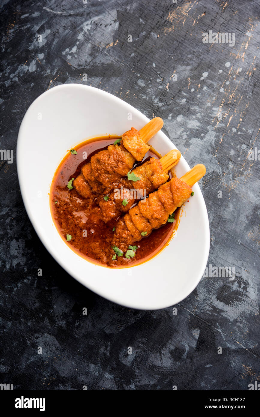 Soya Chaap Curry served in a bowl. Healthy recipe popular in India and ...