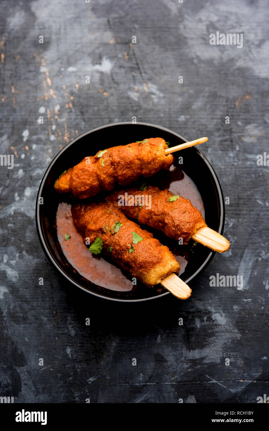 Soya Chaap Curry served in a bowl. Healthy recipe popular in India and ...