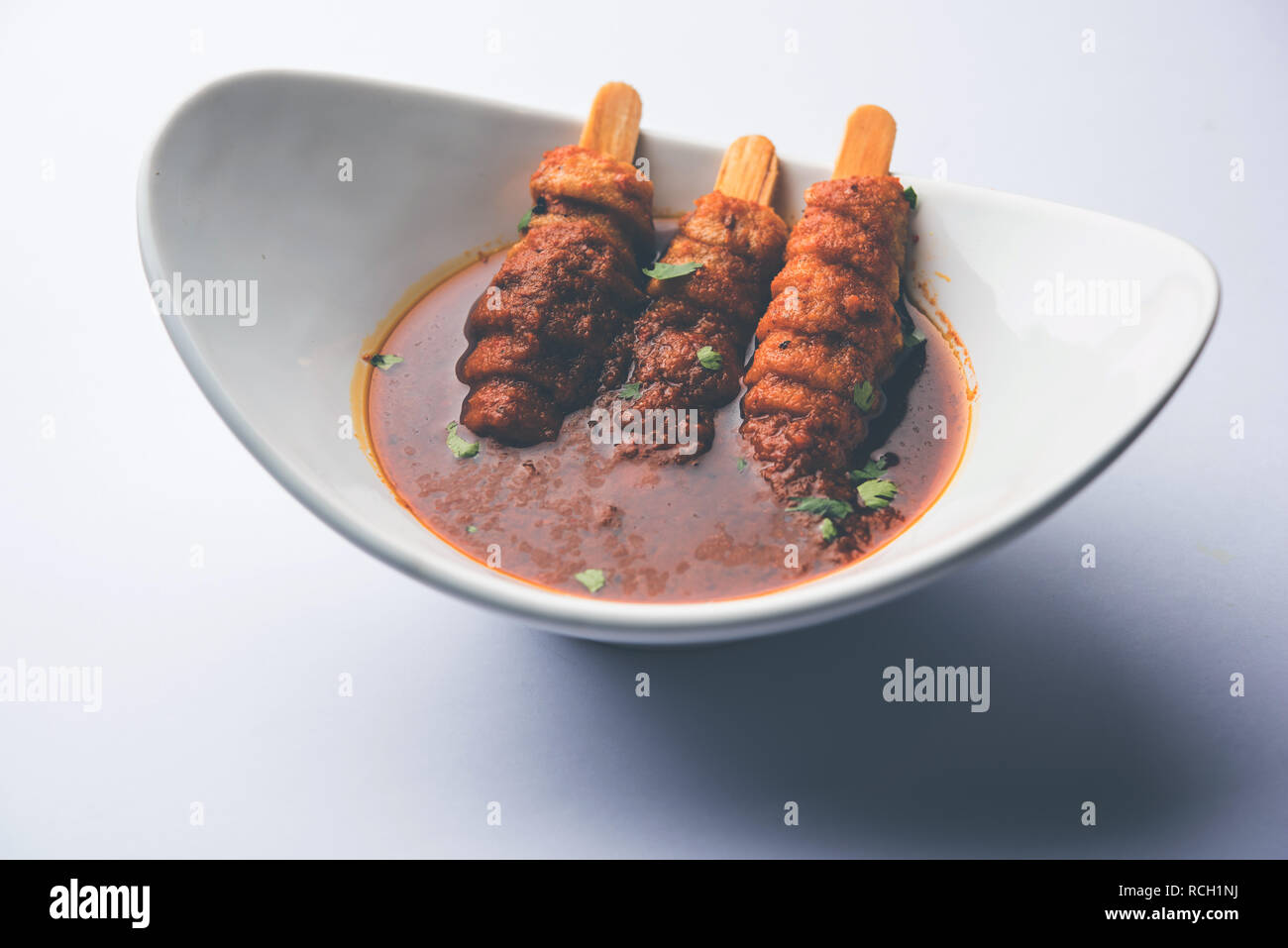 Soya Chaap Curry served in a bowl. Healthy recipe popular in India and ...