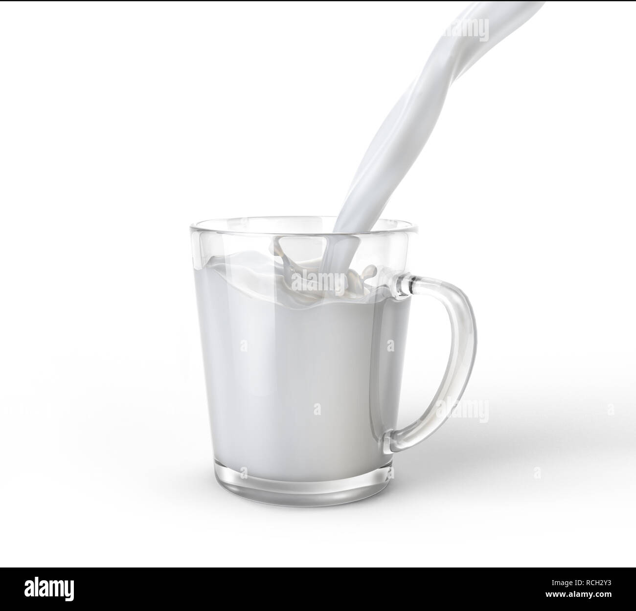 Pouring milk into a transparent glass mug with a small splash. Isolated ...
