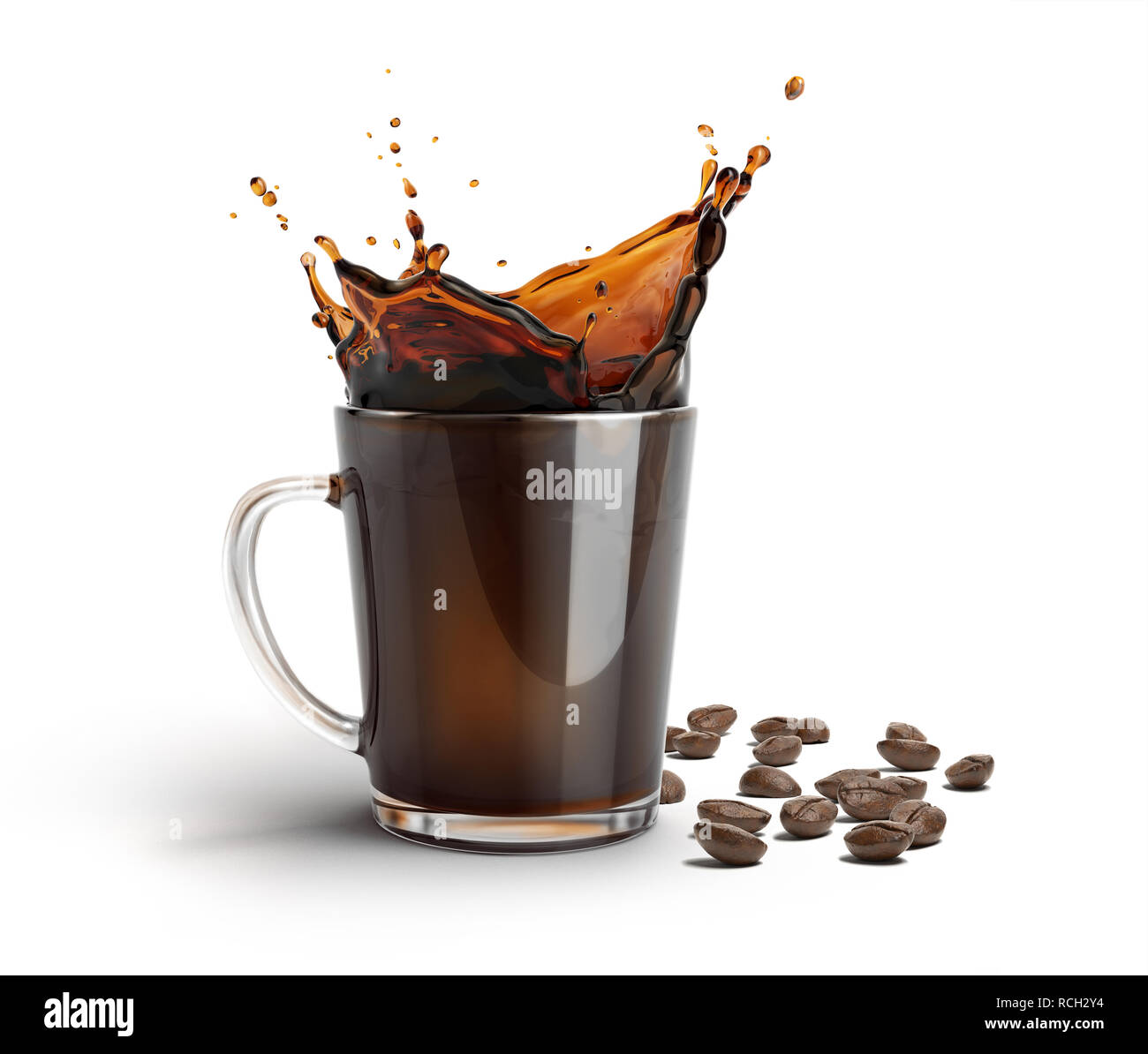 Glass mug with coffee splash. Some coffee beans on the surface besides ...