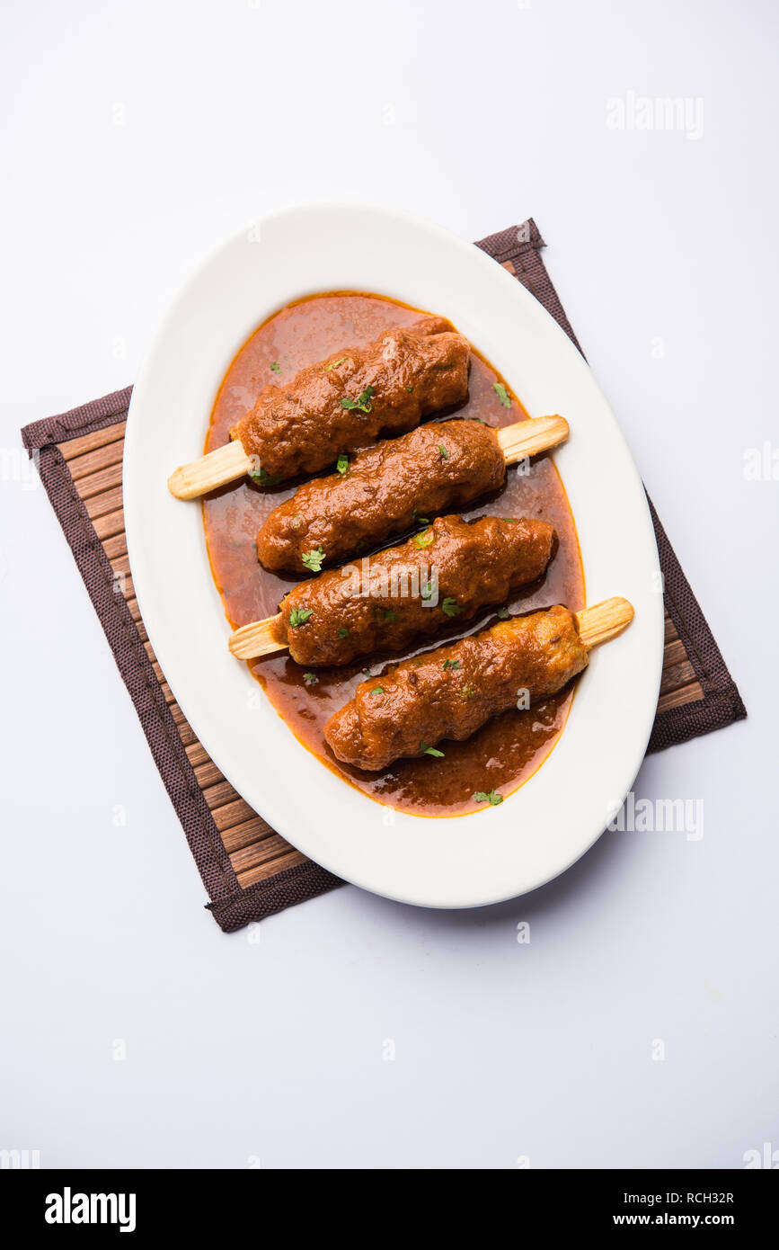 Soya Chaap Curry served in a bowl. Healthy recipe popular in India and ...