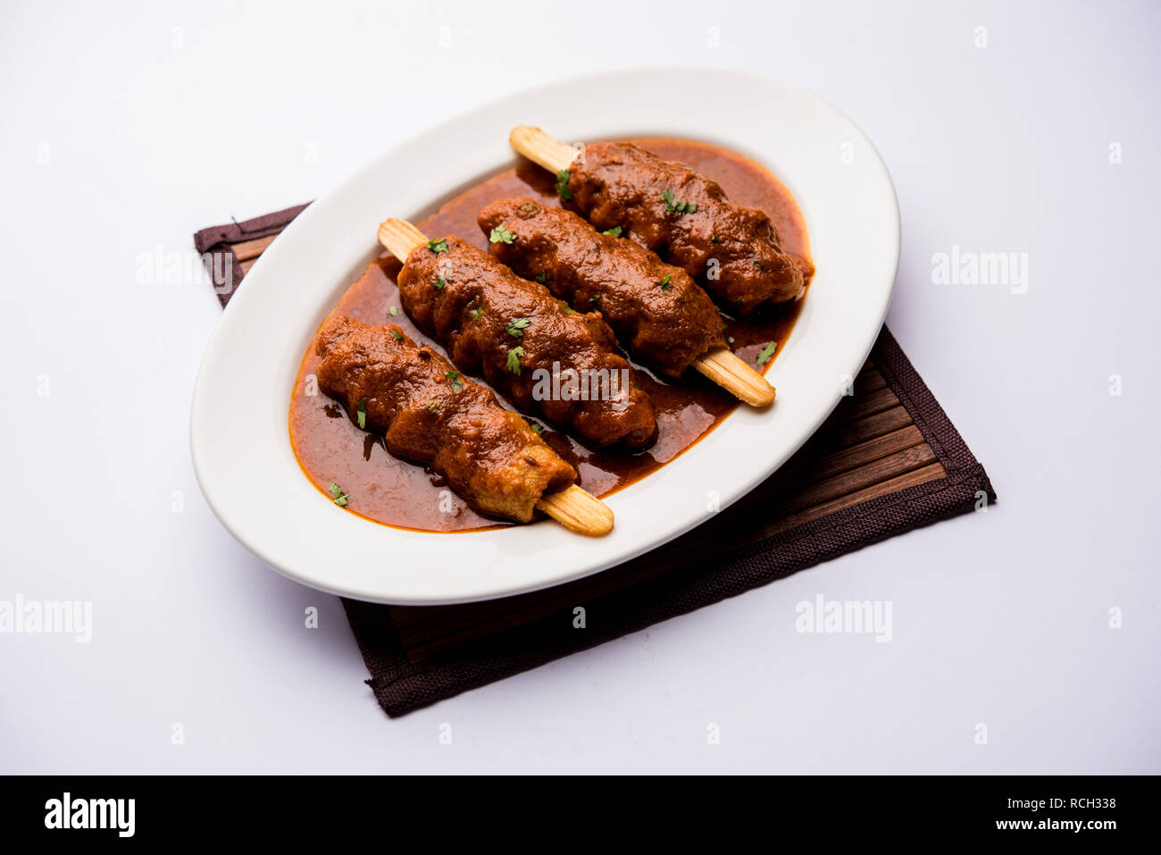 Soya Chaap Curry served in a bowl. Healthy recipe popular in India and ...