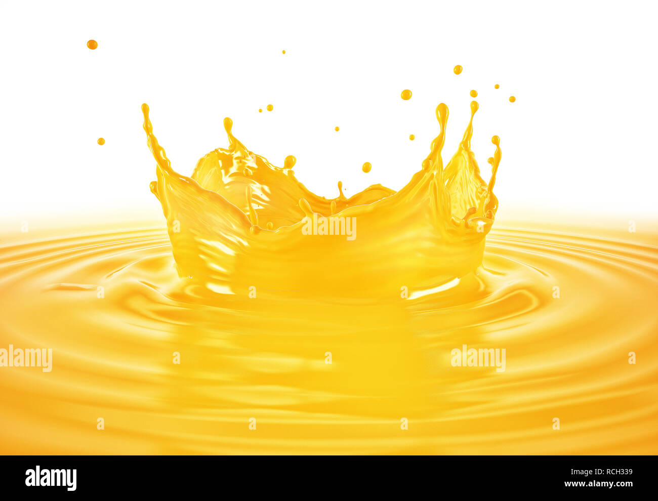 Orange juice crown splash with ripples. Side view. On white background ...