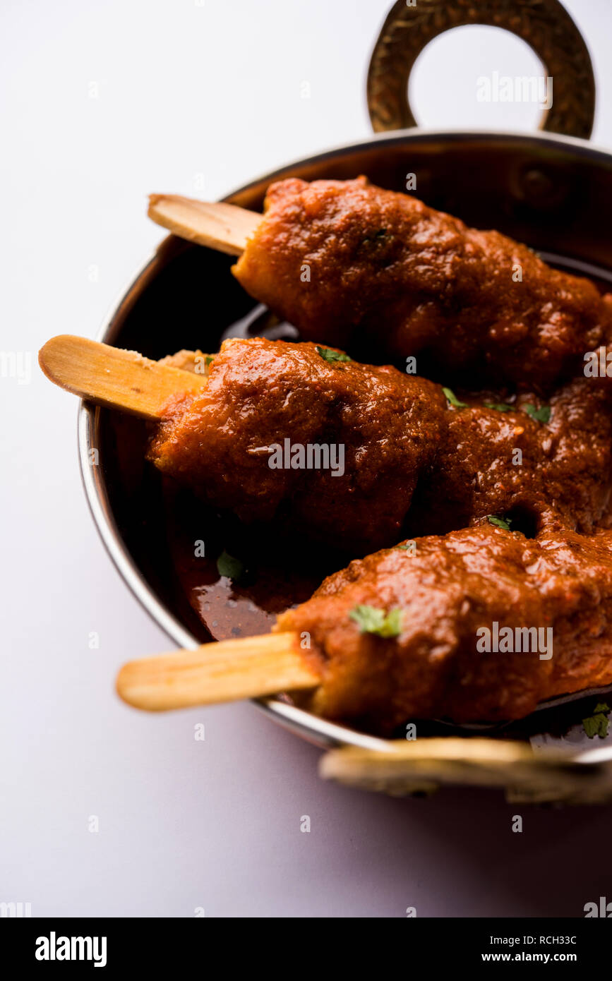 Soya Chaap Curry served in a bowl. Healthy recipe popular in India and ...