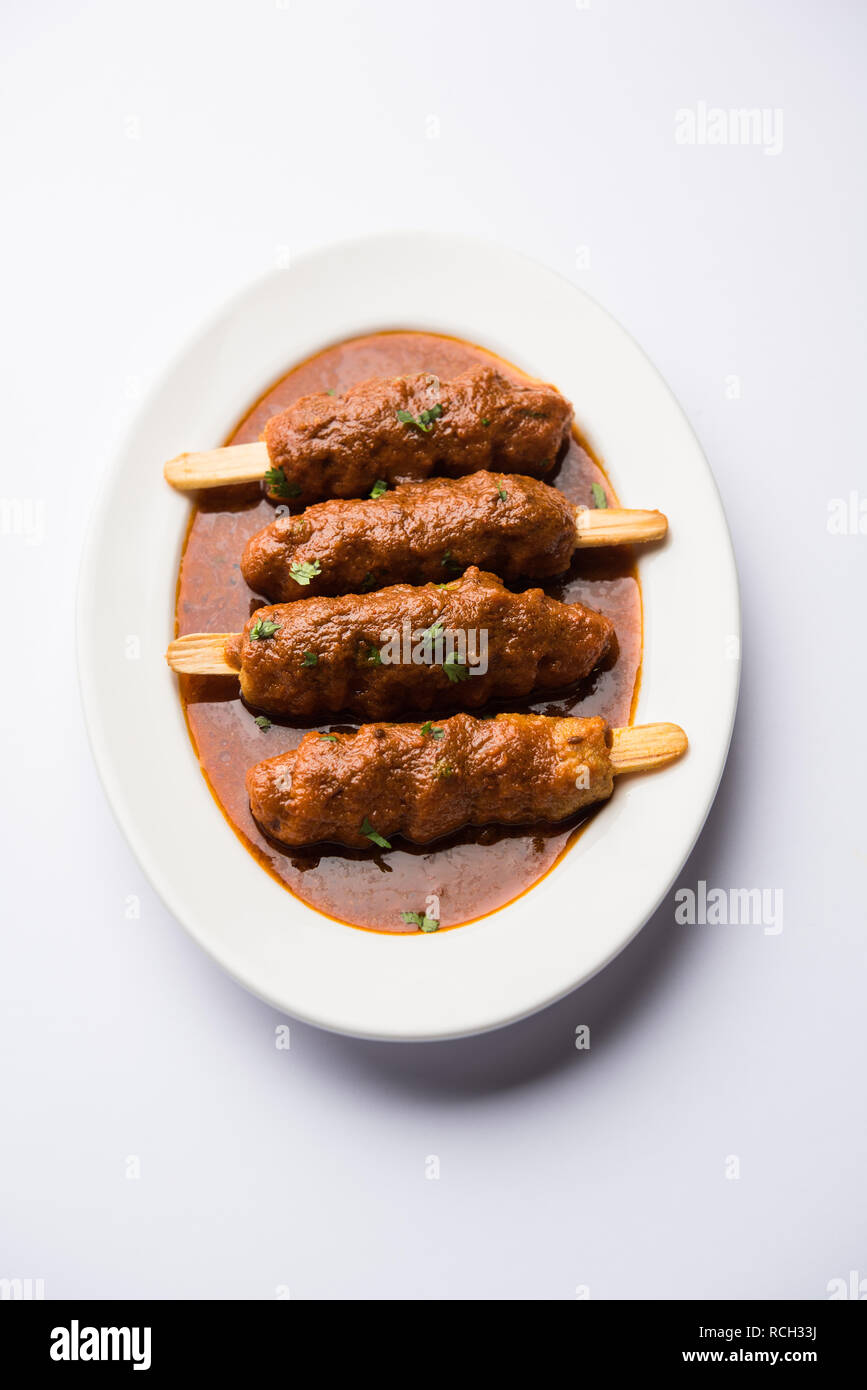 Soya Chaap Curry served in a bowl. Healthy recipe popular in India and ...