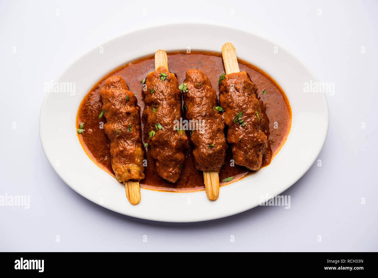 Soya Chaap Curry served in a bowl. Healthy recipe popular in India and ...