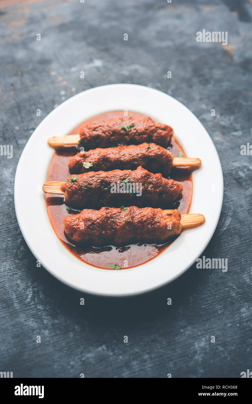 Soya Chaap Curry served in a bowl. Healthy recipe popular in India and ...
